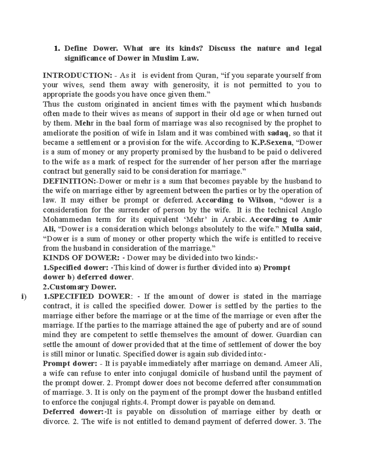 Muslim - Family Law - Define Dower. What are its kinds? Discuss the ...