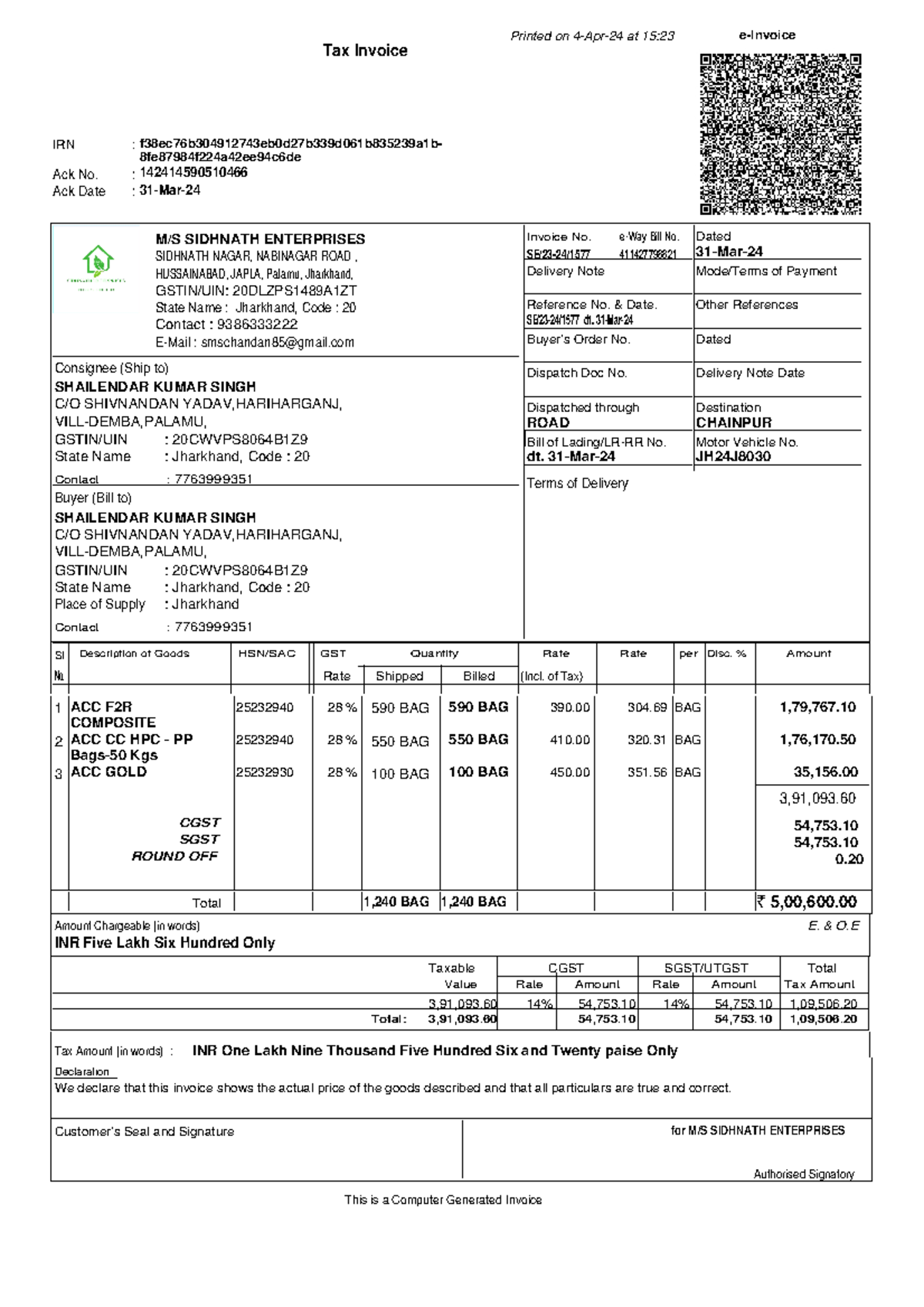 Sales SE 23-24 1577 - Printed on 4-Apr-24 at 15: Tax Invoice IRN ...