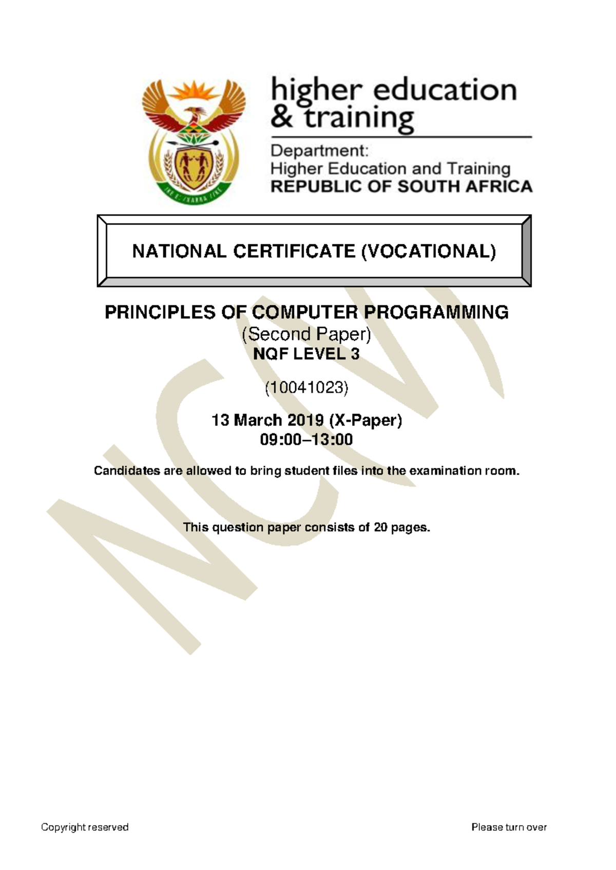 Nc2420 Principles Of Computer Programming L3 P2 Qp Supp 2019 Principles Of Computer 2110