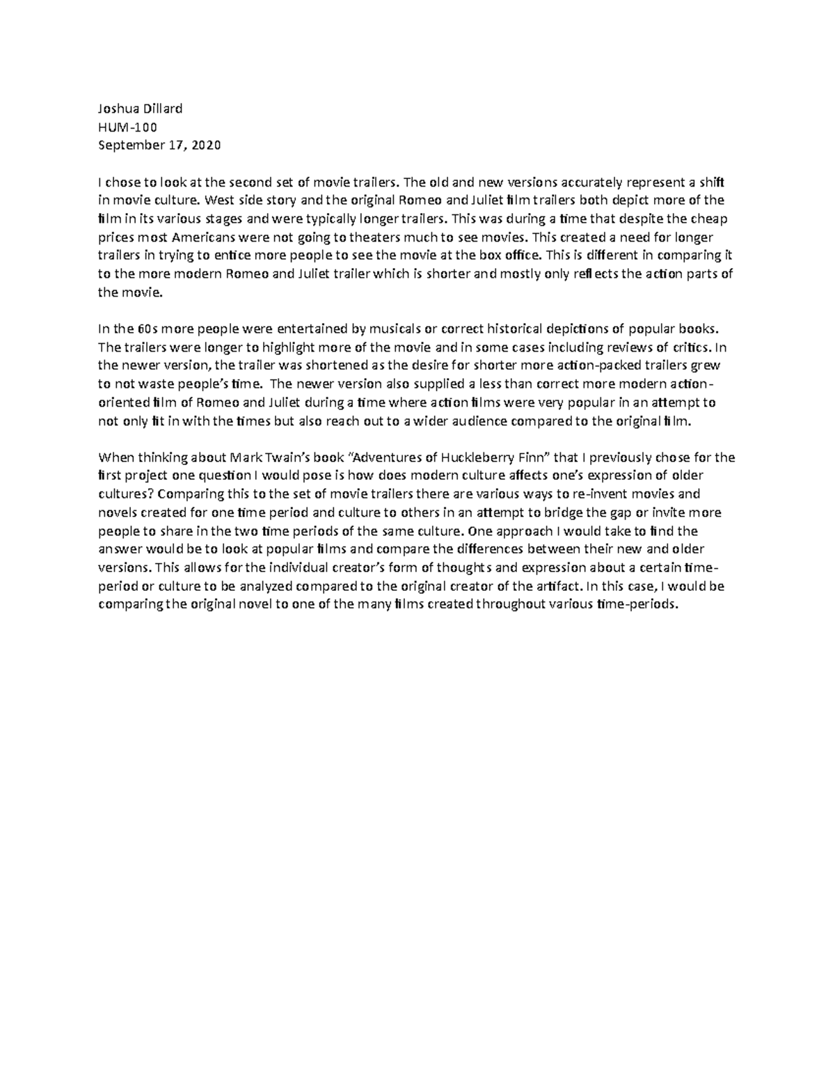 HUM 100 Short Response Answer 3-3 - Joshua Dillard HUM- September 17 ...