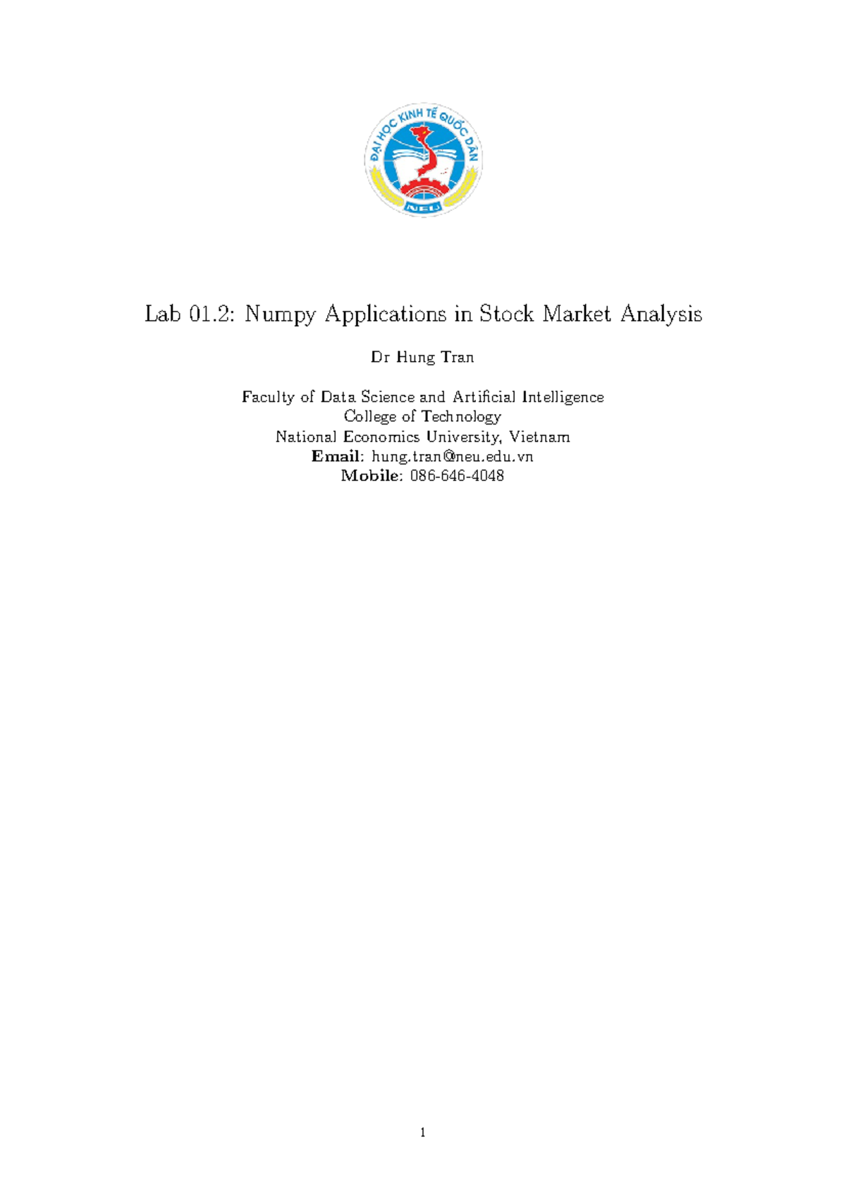 DAWP Lab 01 2 Numpy and Stock - Lab 01: Numpy Applications in Stock Market Analysis Dr Hung Tran ...