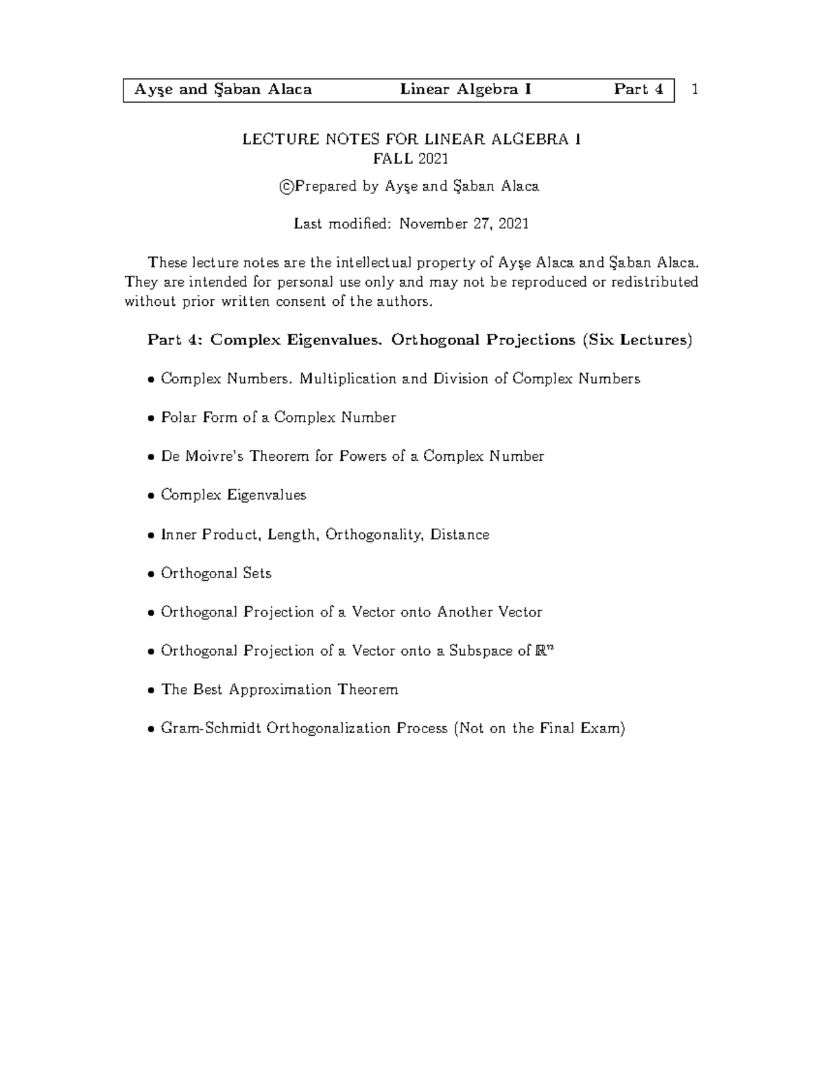 Linear Algebra 1 Lecture Notes Part4 Ver4 F2021 Lecture Notes For Linear Algebra I Fall 2021