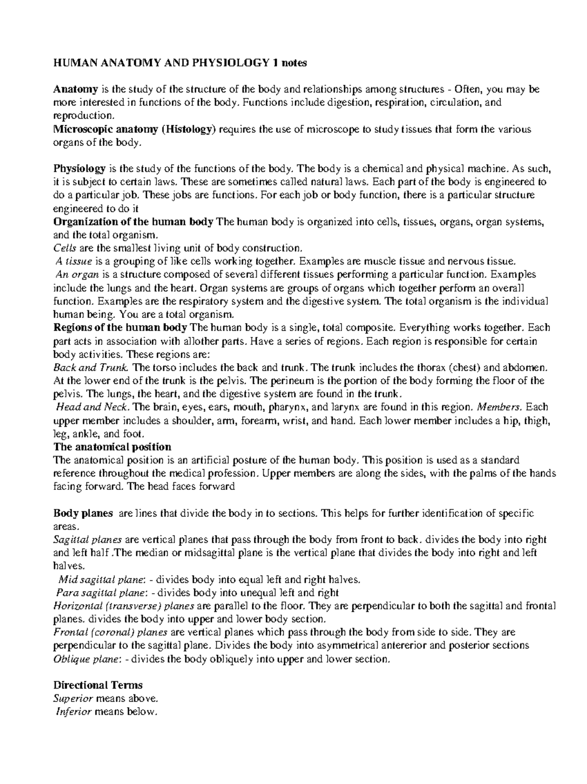 Human Anatomy AND Physiology 1 notes-1 - HUMAN ANATOMY AND PHYSIOLOGY 1 ...
