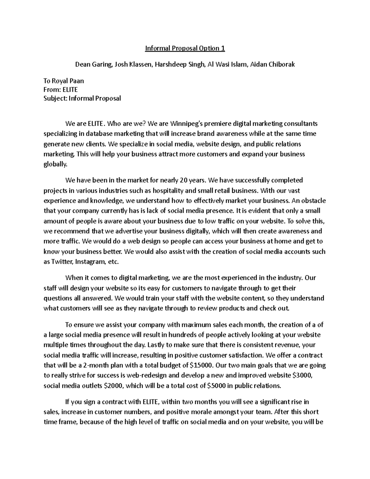 Informal Proposal - asignments - Informal Proposal Option 1 Dean Garing ...