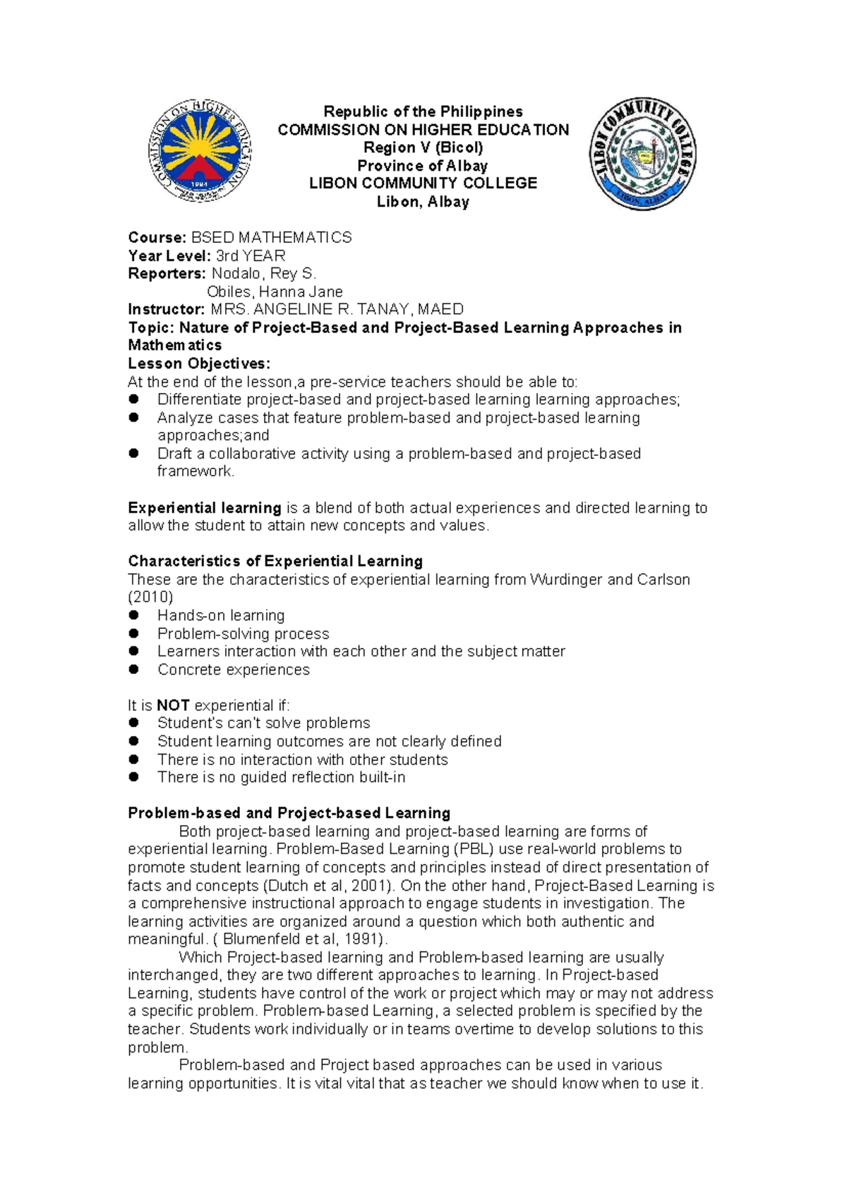 project-based and problem-based approaches - Republic of the ...