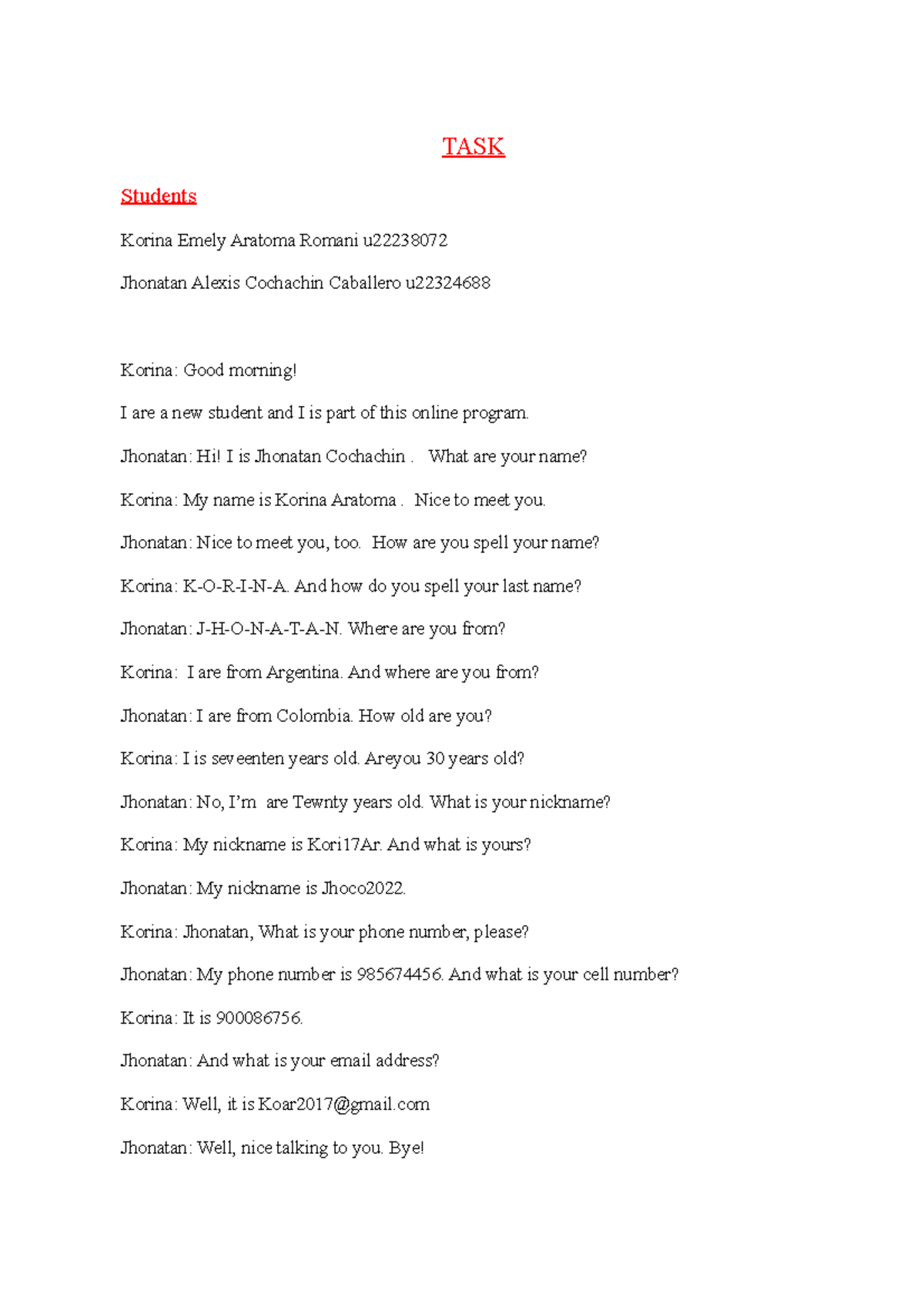 Task - ingles s1 - TASK Students Korina Emely Aratoma Romani u Jhonatan ...