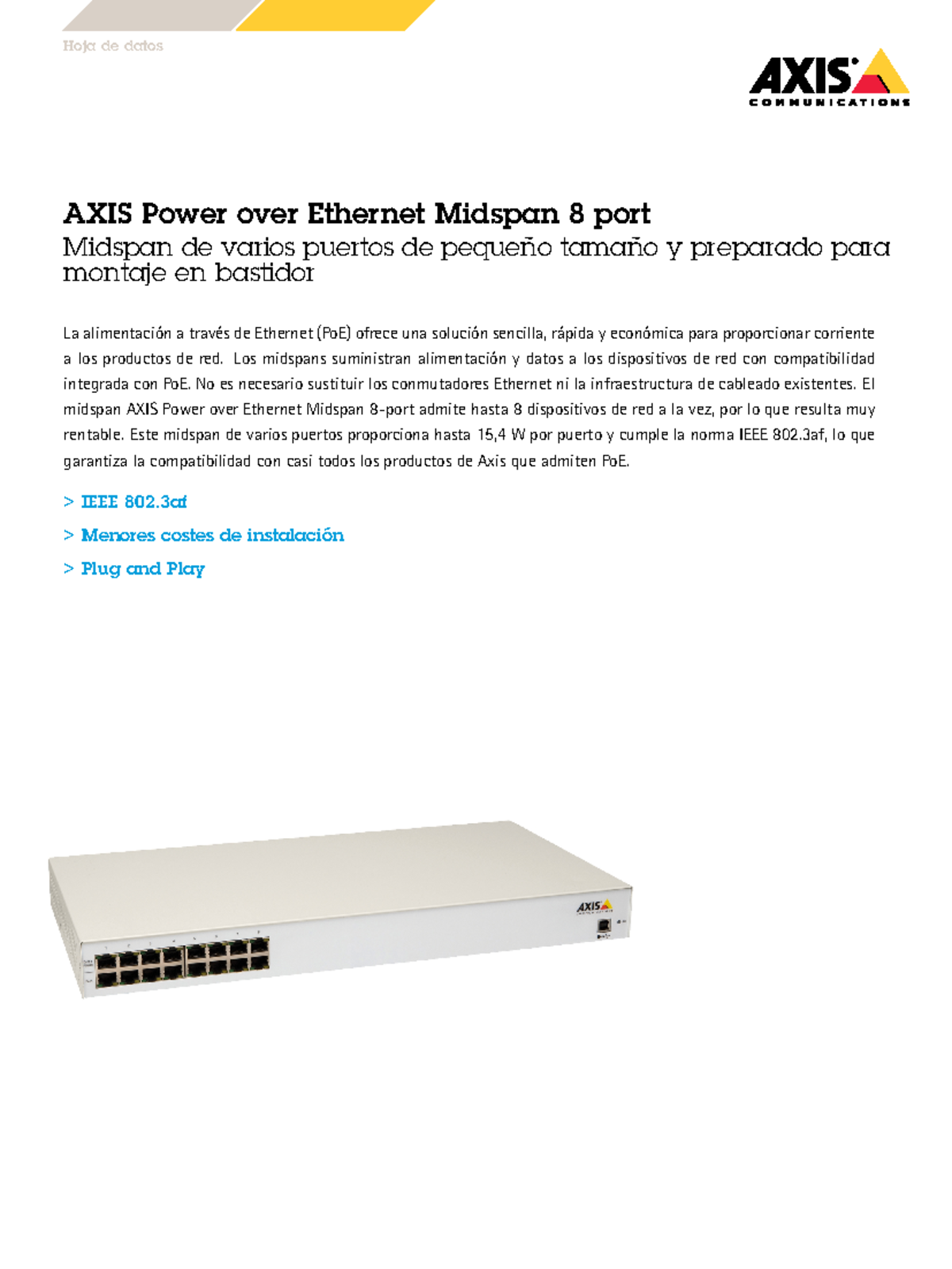 Datasheet axis power over ethernet midspan 8 port es ES 277066 - AXIS ...
