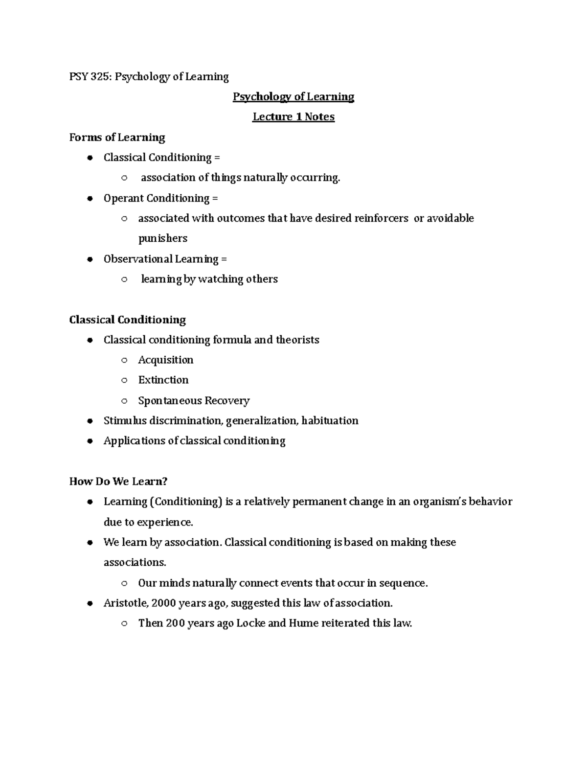 PSY 325 Psychology of Learning Winter 2020 - Lecture 1 - PSY 325 ...