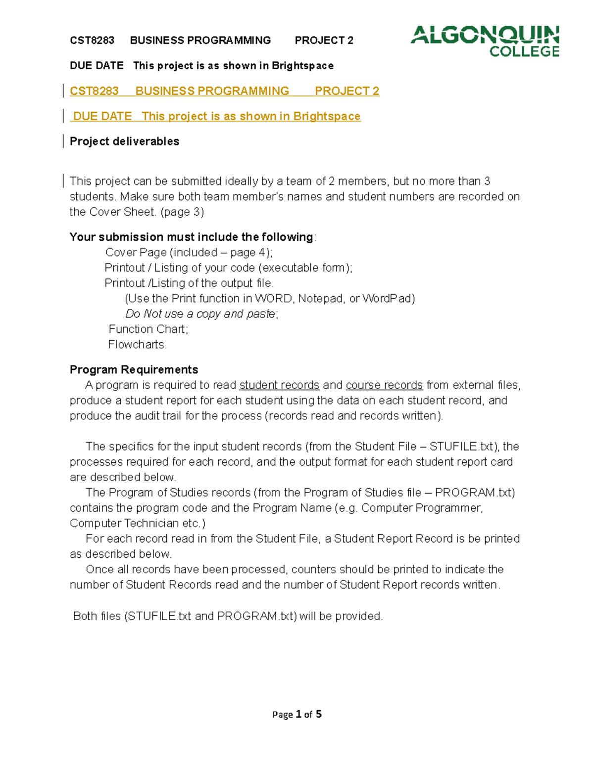 CST-8283- Project 2 - DUE DATE This project is as shown in Brightspace CST8283 BUSINESS ...