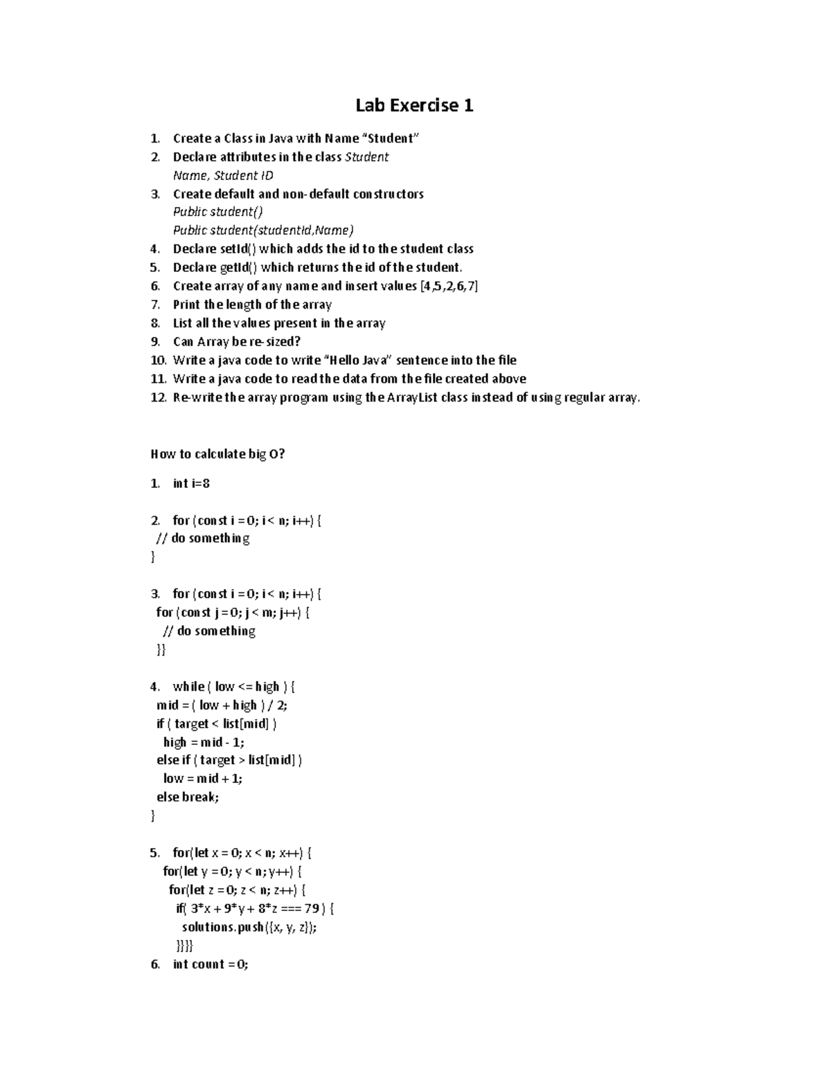 Lab Exercise 1 - COMP 5511 Desai - Lab Exercise 1 Create a Class in Java with Name “Student ...