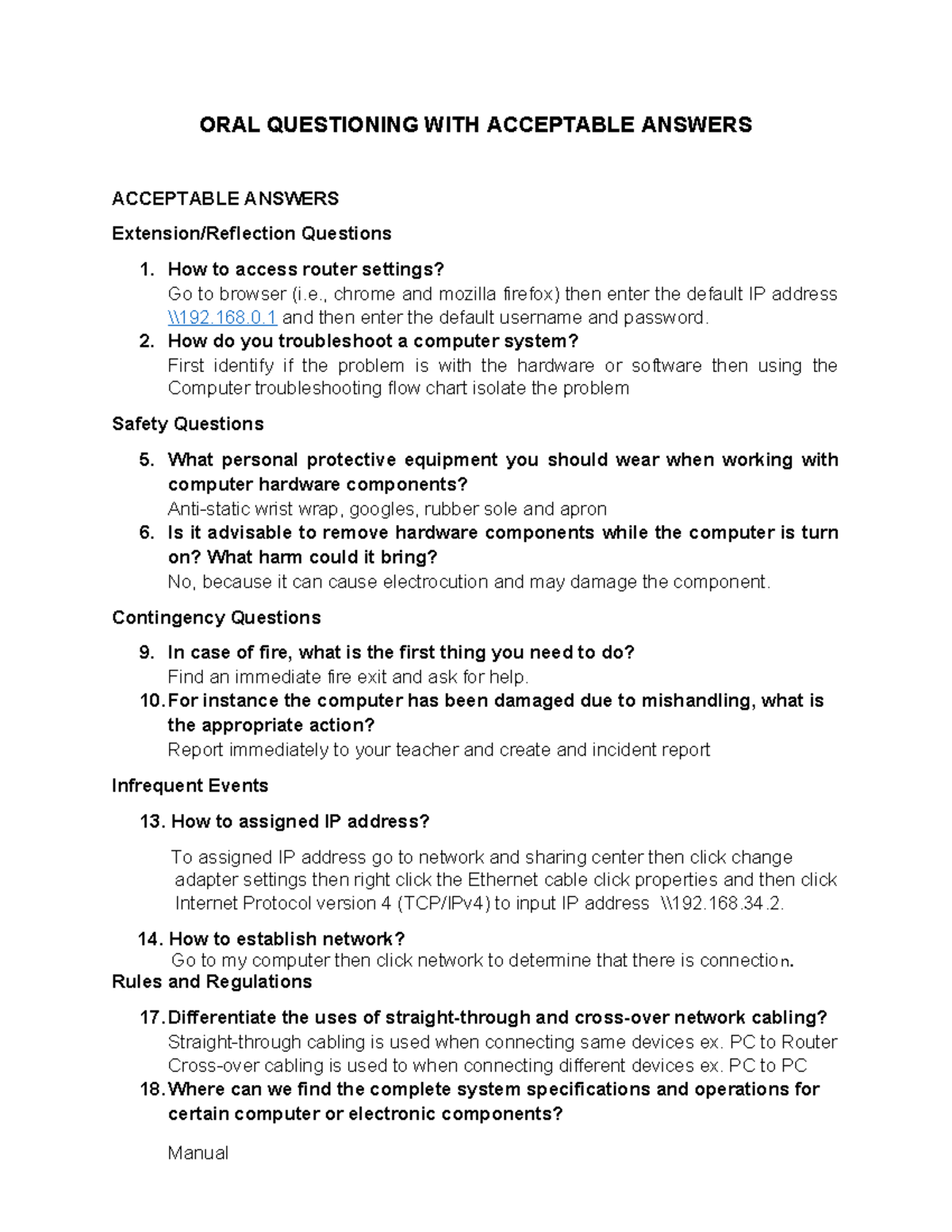 Questioning TOOL with Acceptable Answers - ORAL QUESTIONING WITH ...