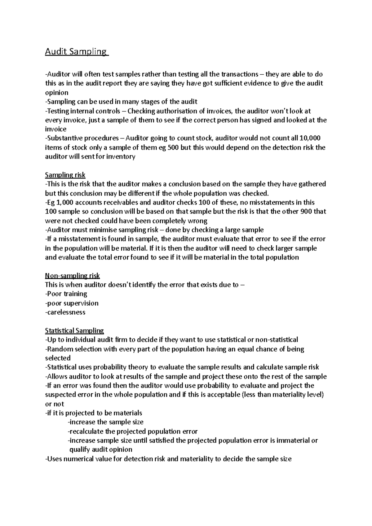 Audit Sampling notes - Audit Sampling -Auditor will often test samples ...