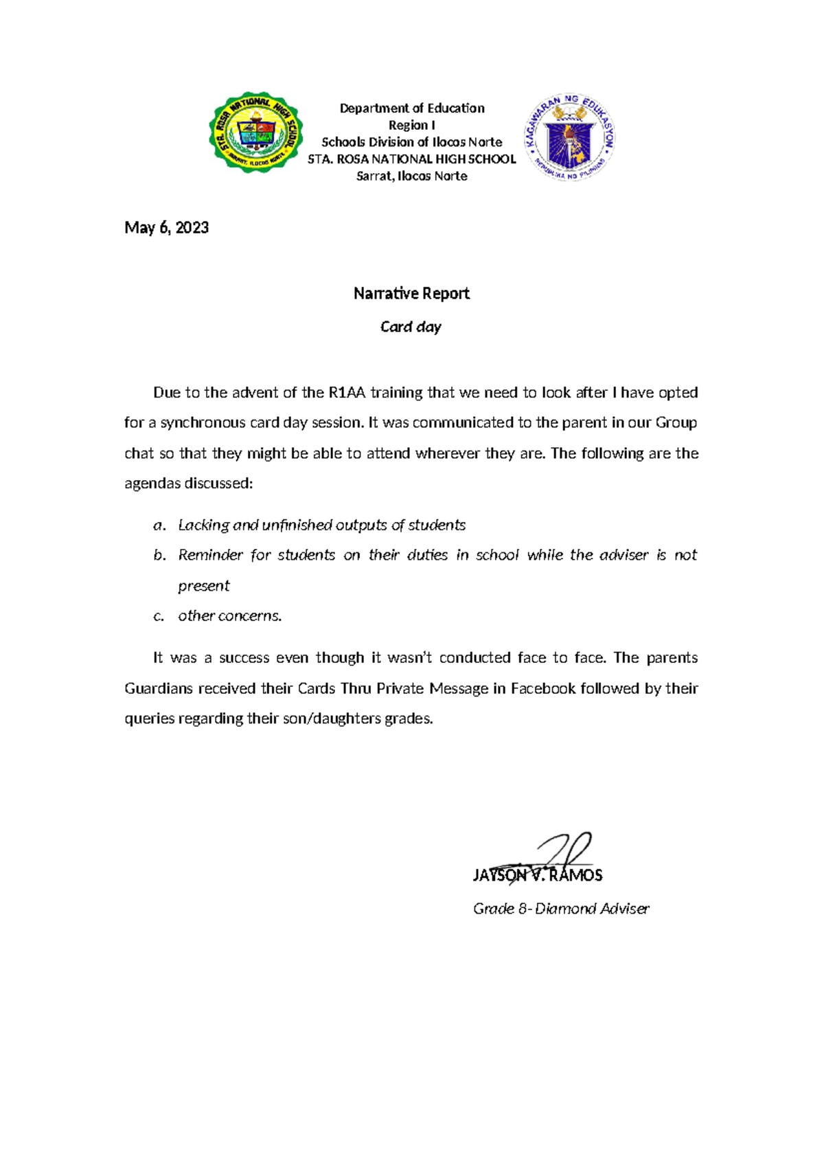 Narrative report card day - Department of Education Region I Schools ...