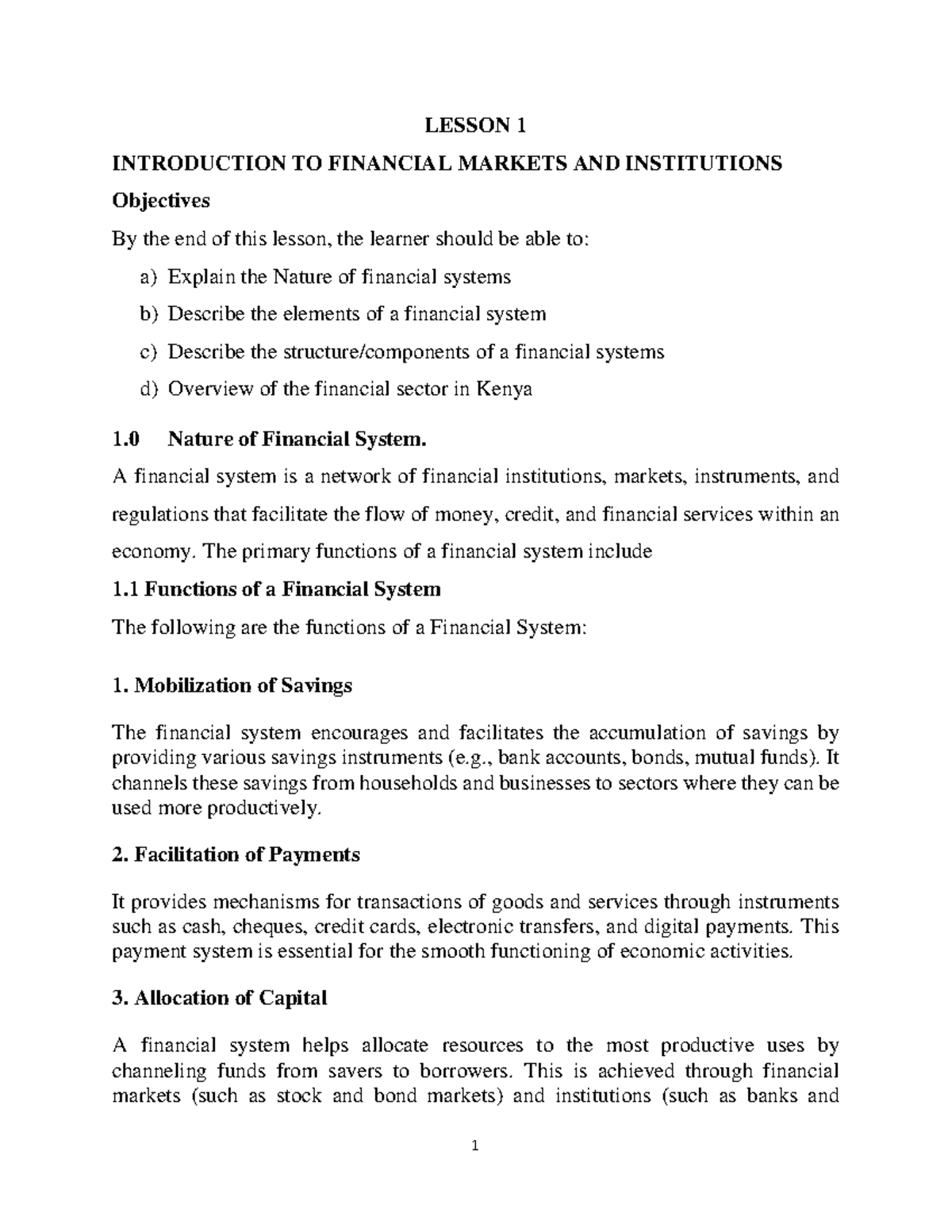 Financial Institution and Markets-Lesson 1 - LESSON 1 INTRODUCTION TO ...