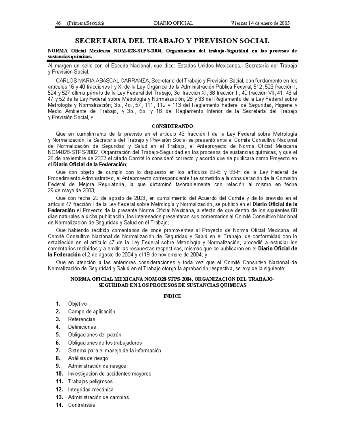 Nom28 - Norma 028 Stps - 46 (Primera Sección) DIARIO OFICIAL Viernes 14 ...