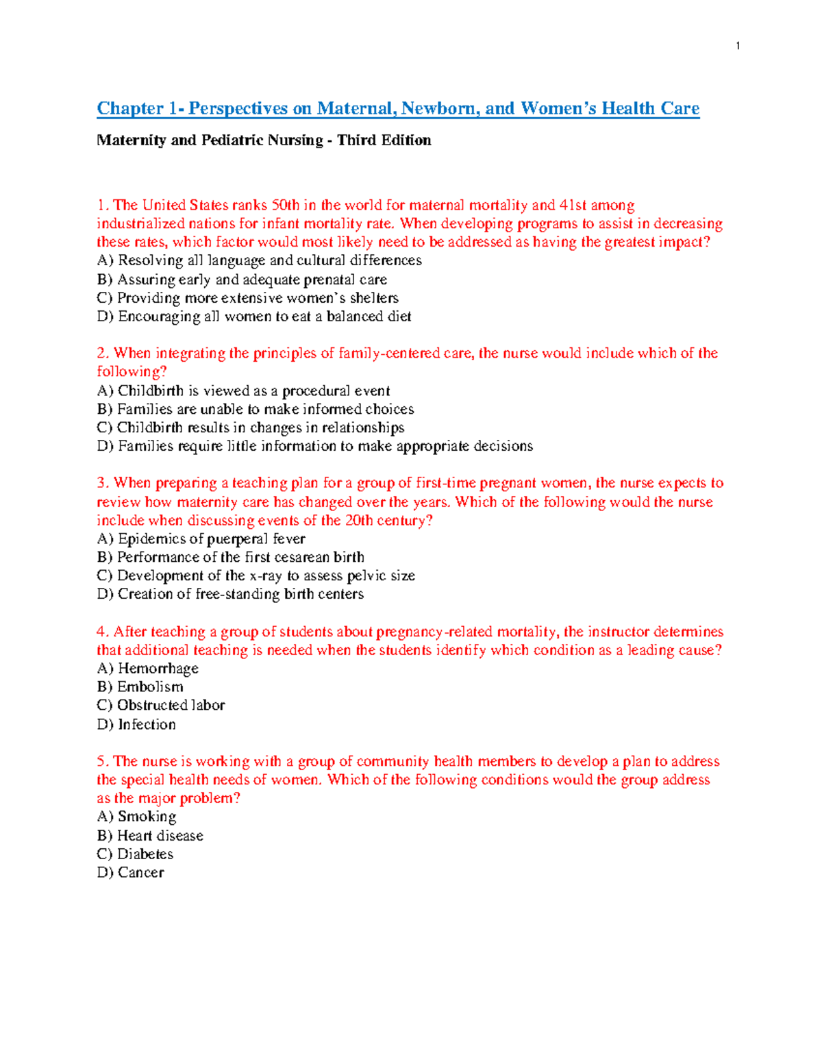 Maternity and Pediatric Nursing 3rd Edition test bank - Chapter 1 ...