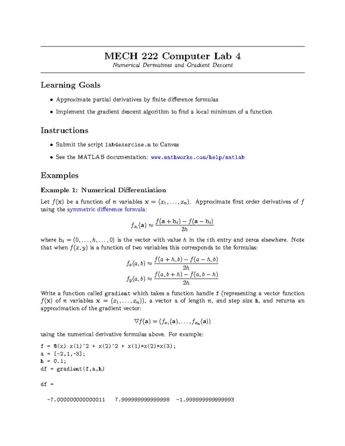 Lab4 - Very important for school (Labs using Matlab) - MECH 222 Computer Lab 4 Numerical ...