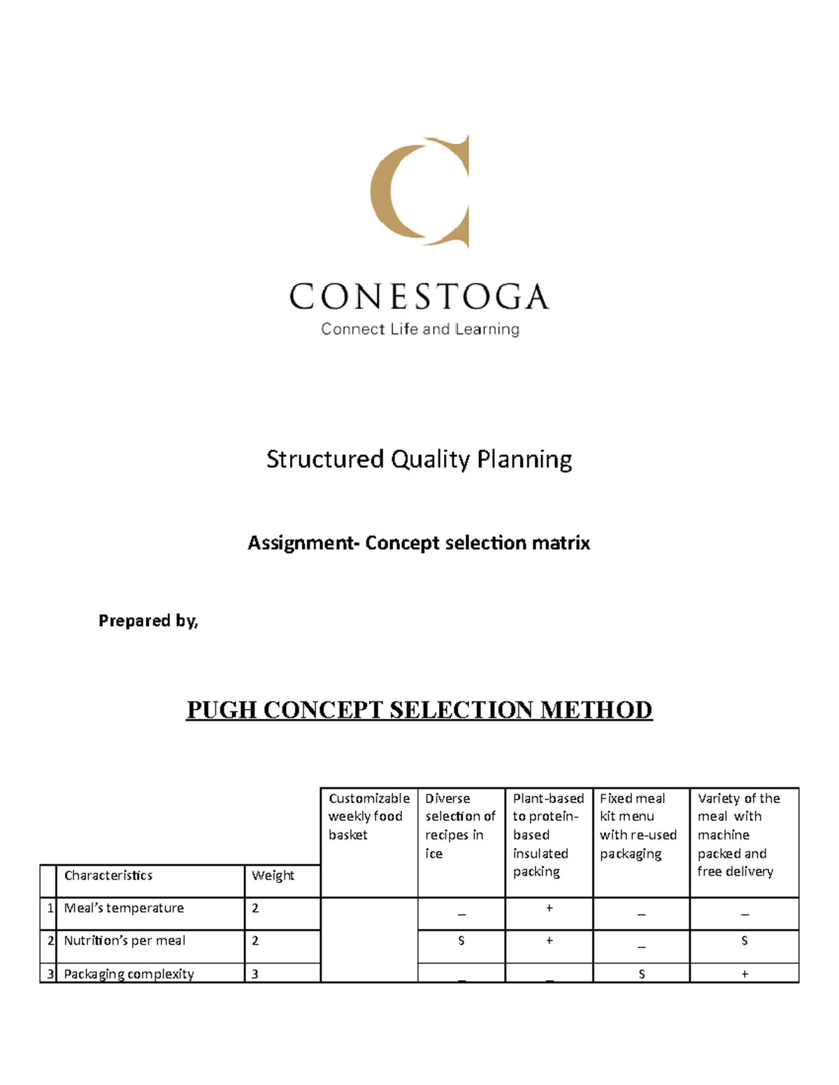 Concept selection matrix - Structured Quality Planning Assignment ...