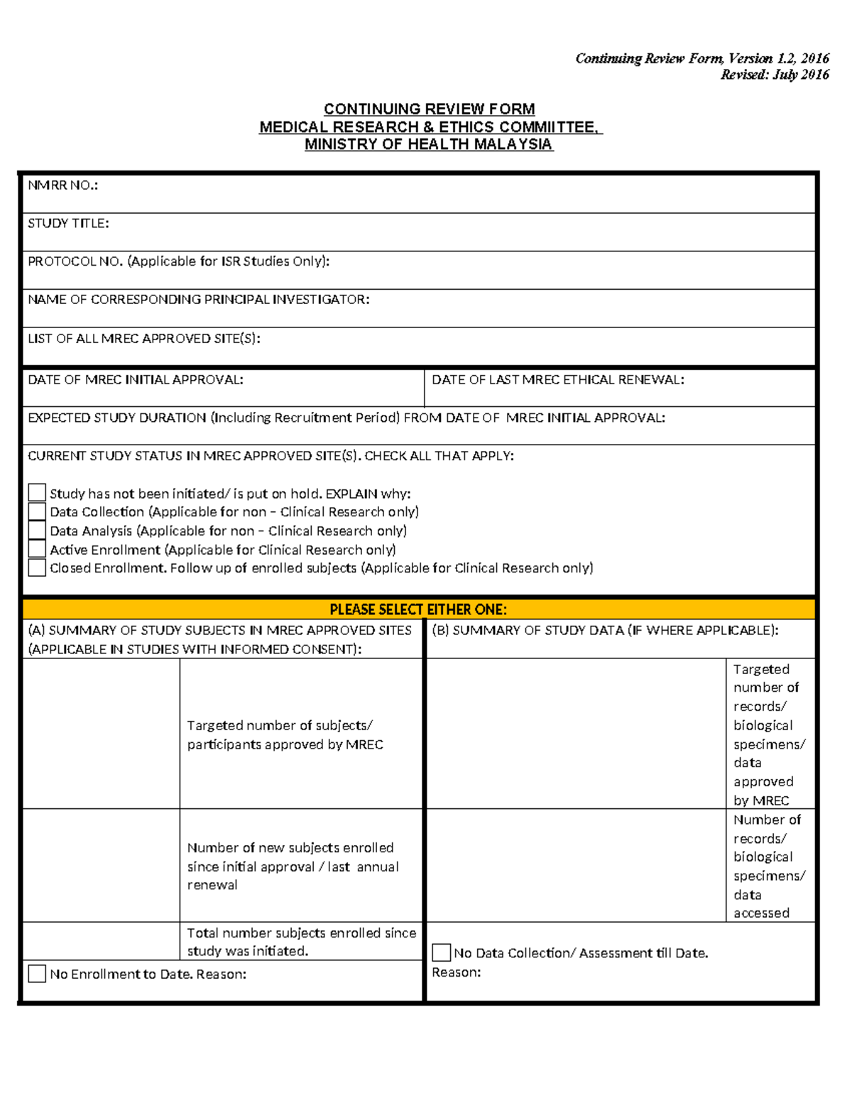 Continuing Review Form Version 2 - Revised: July 2016 CONTINUING REVIEW ...
