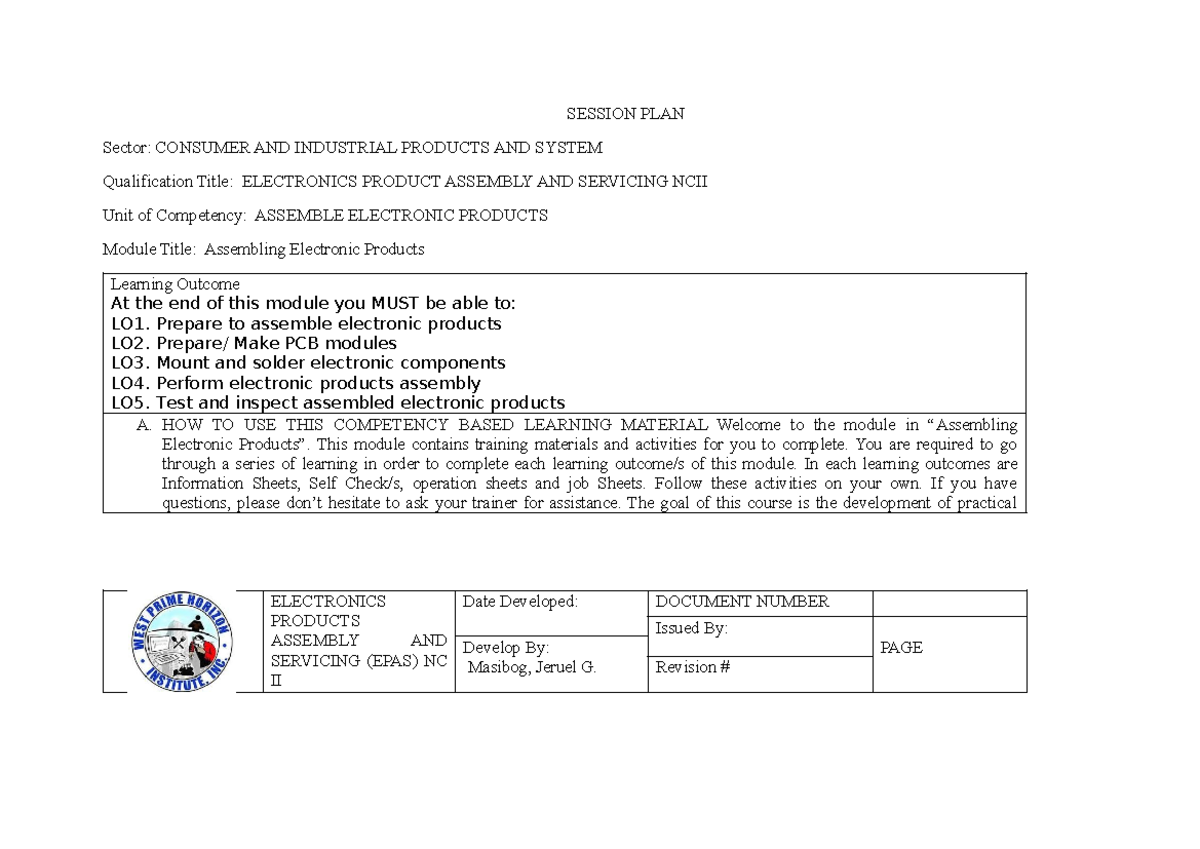 Session-plan - SESSION PLAN Sector: CONSUMER AND INDUSTRIAL PRODUCTS ...