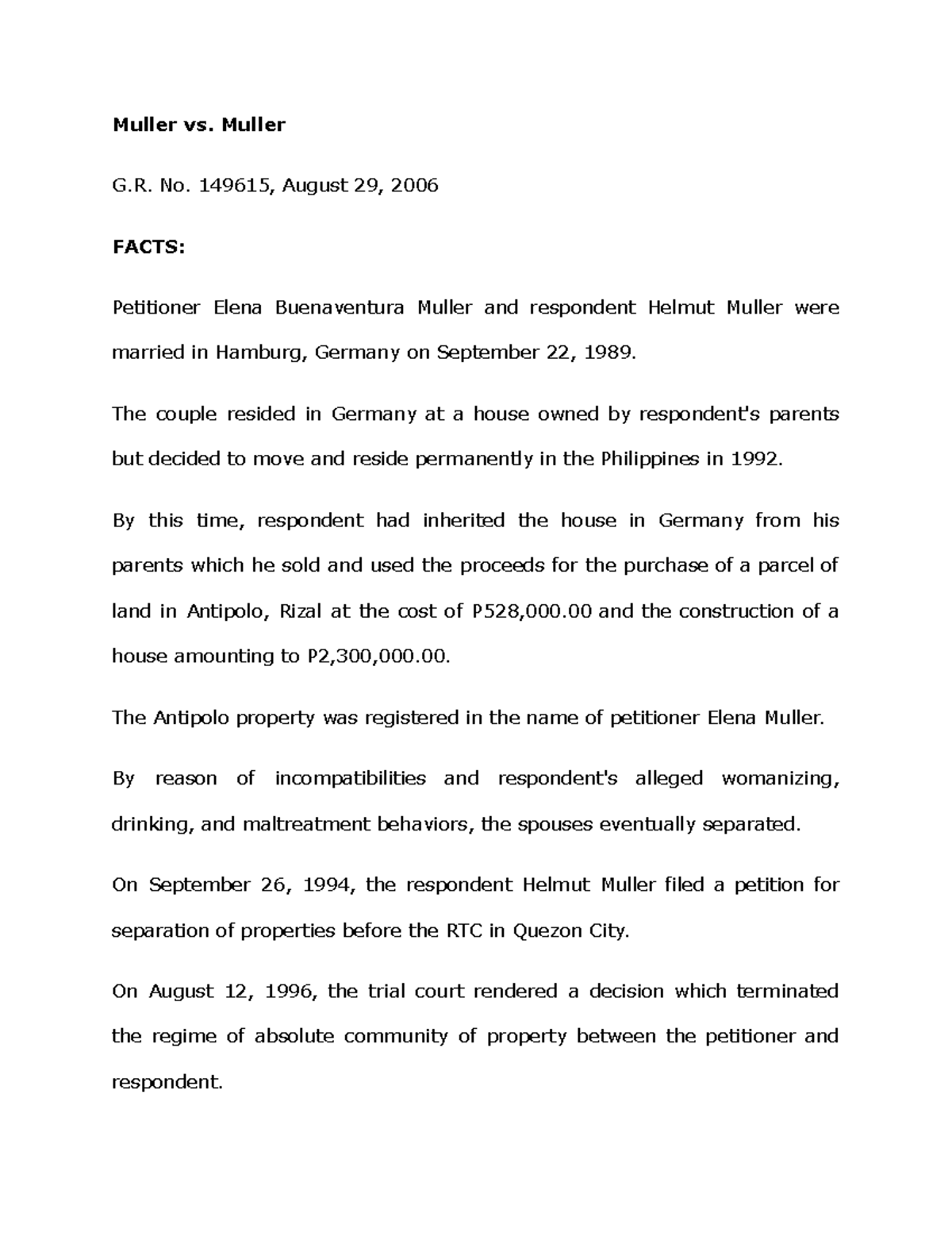 Muller vs. Muller (case digest) - Muller vs. Muller G. No. 149615 ...