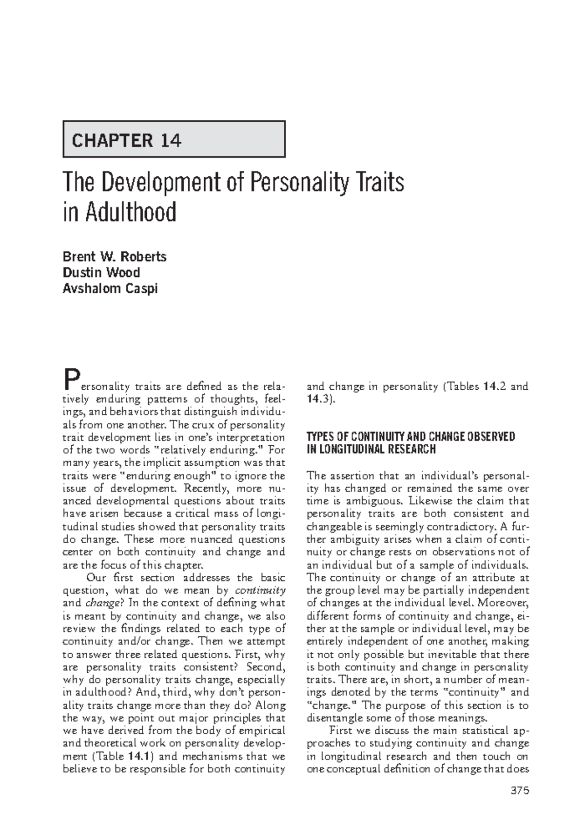 Roberts 2008 personality change chapter - 375 Personality traits are ...