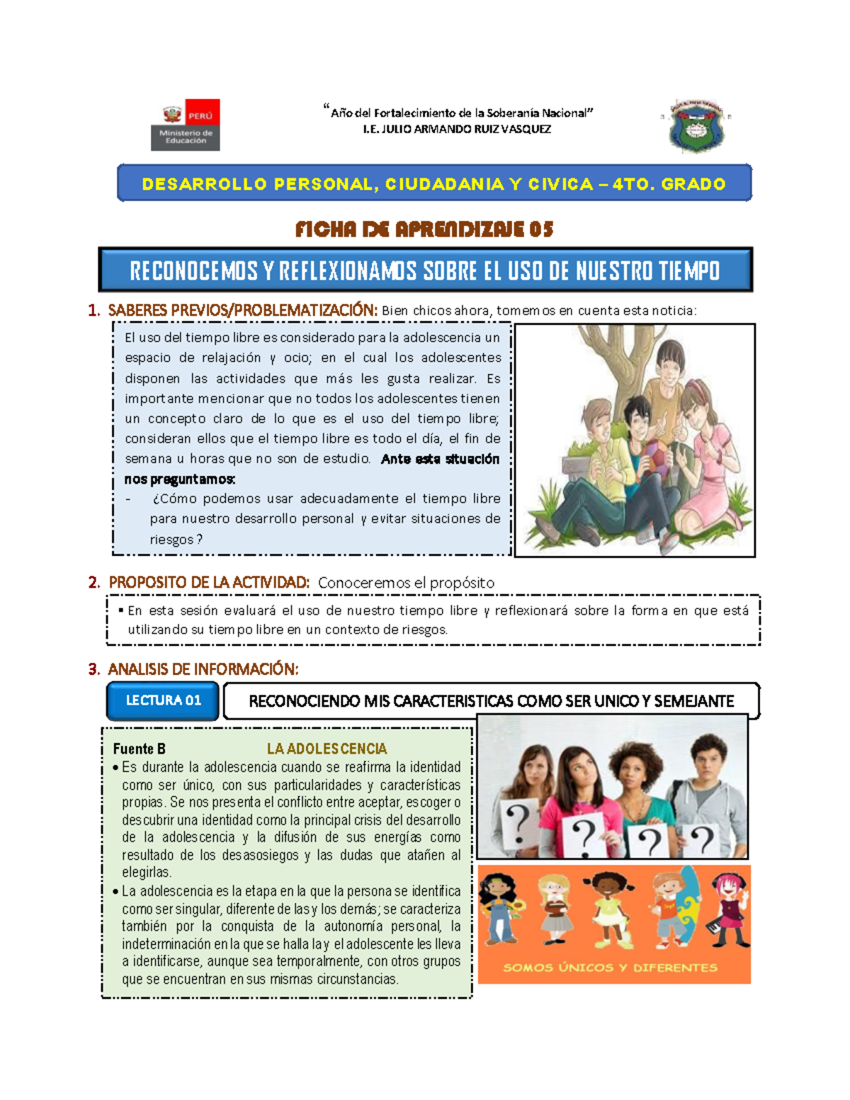 1 Ficha DE Aprendizaje DPCC 4° Grado - “Año del Fortalecimiento de la Soberanía Nacional” I ...