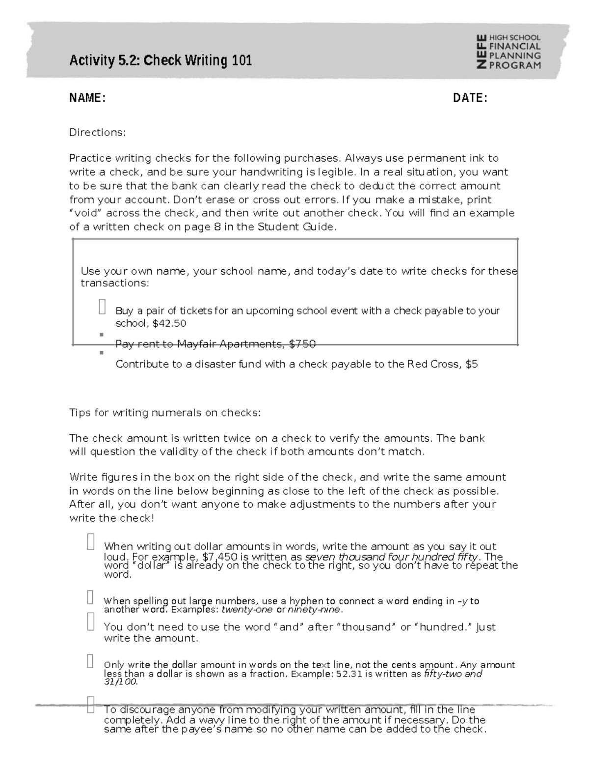 Check Writing Activity - Activity 5: Check Writing 101 NAME: DATE ...
