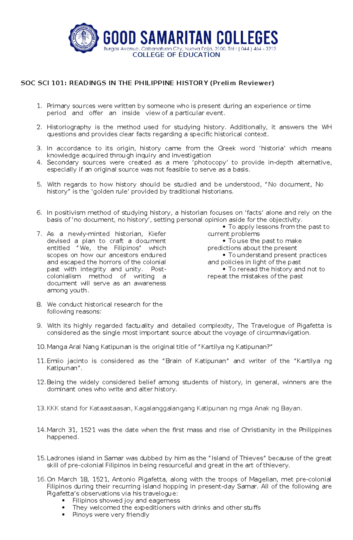 Socsci 101-Prelim Reviewer - SOC SCI 101: READINGS IN THE PHILIPPINE HISTORY (Prelim Reviewer) 1 ...