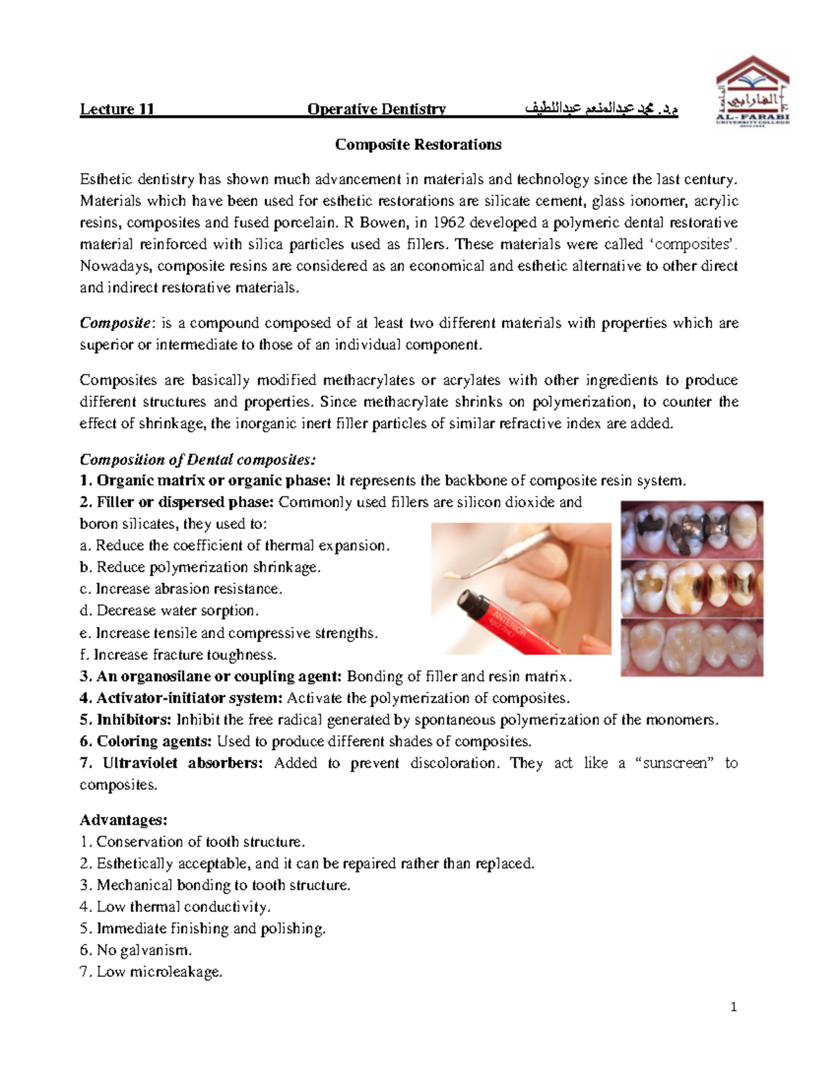 Operative Lec(11) - Lecture 11 Operative Dentistry م.د. محمد عبدالمنعن ...