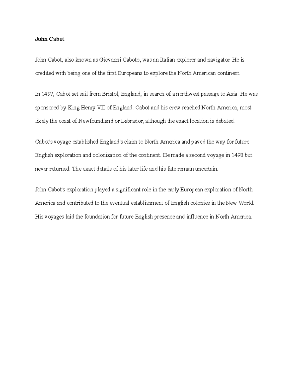 Important figures in History till 1865 - John Cabot John Cabot, also ...