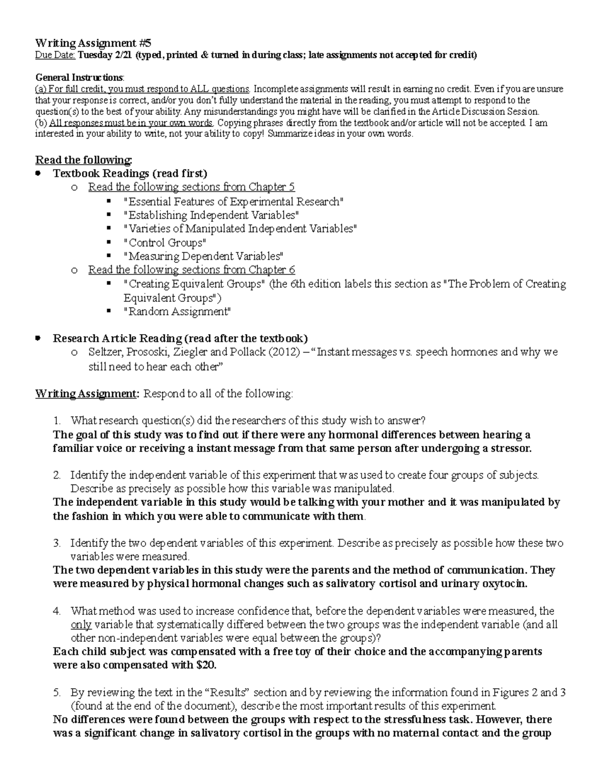 Writing Assignment - Incomplete assignments will result in earning no ...