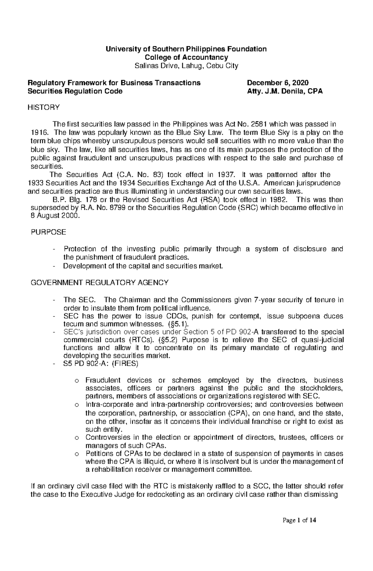 RFBT Securities Regulation Code - University of Southern Philippines ...