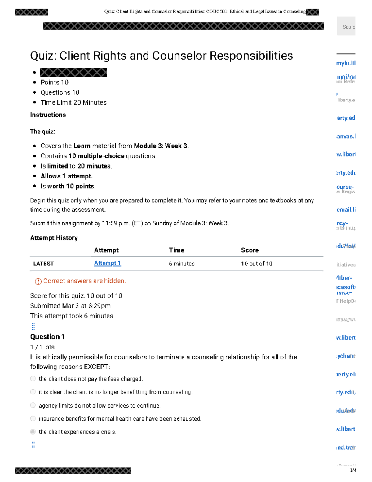 Quiz Client Rights and Counselor Responsibilities COUC501 Ethical and ...
