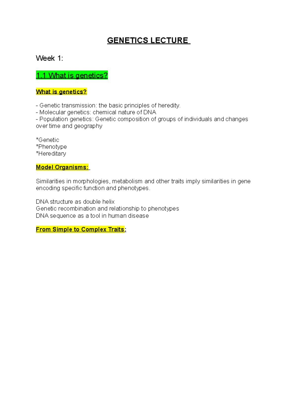 Genetics Lectures - lecture - 300845 - UWS - Studocu