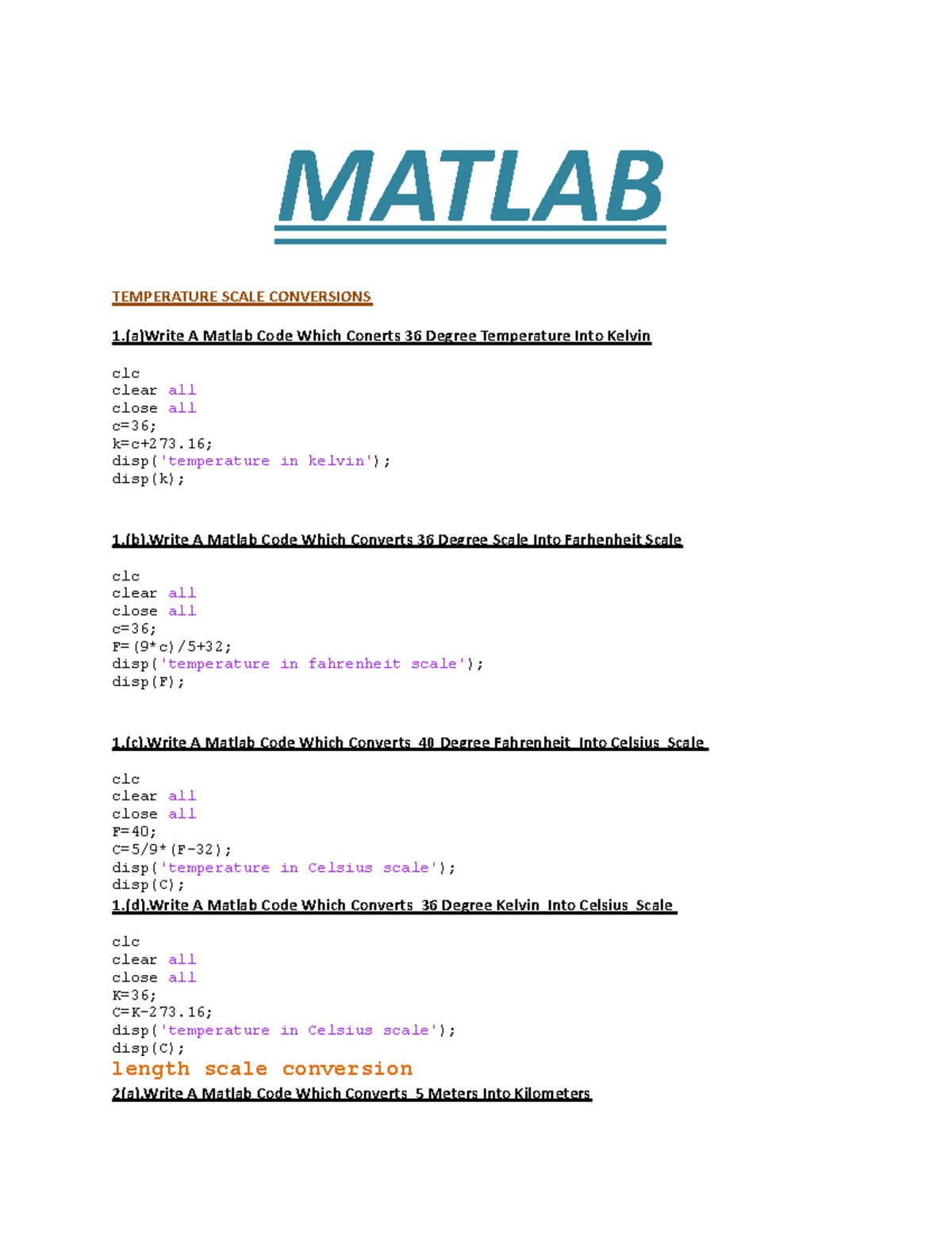 Matlab - I am from Pakistan - MATLAB TEMPERATURE SCALE CONVERSIONS 1.(a ...