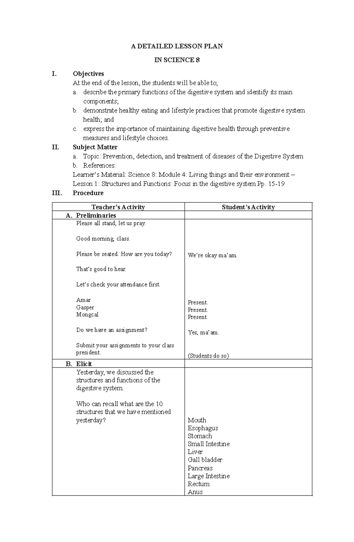 Grade 8 evaluation 2 - Detailed Lesson Plan - Prevention, Detection and ...
