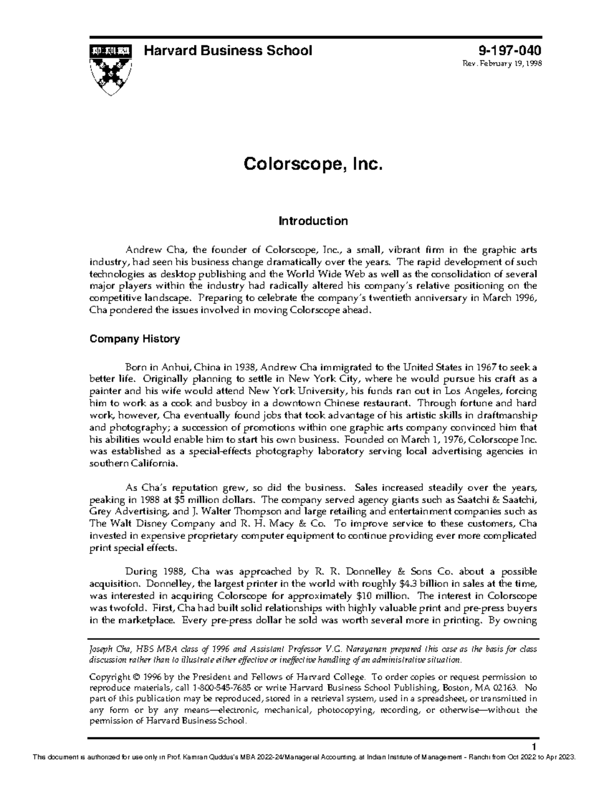 Colorscope, Inc FM Case 1 - Harvard Business School 9-197- Rev ...