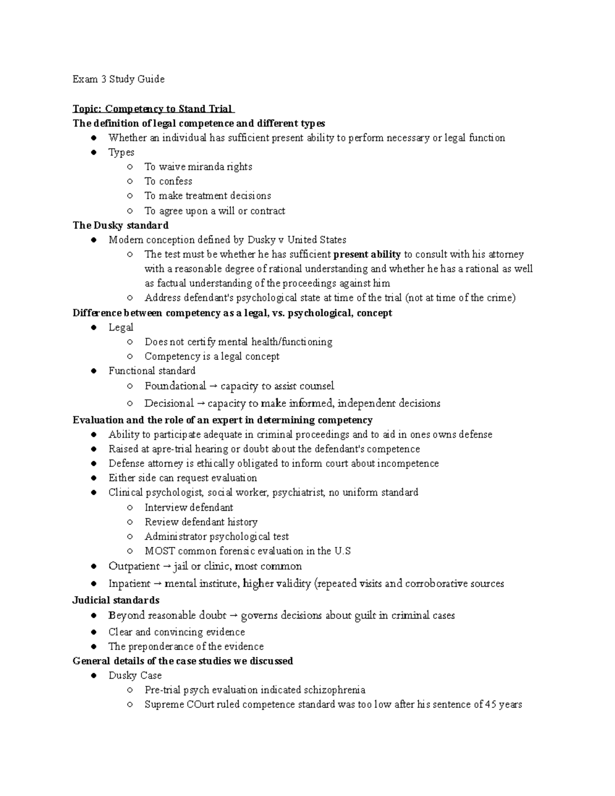 Exam 3 Study Guide - Exam 3 Study Guide Topic: Competency to Stand ...