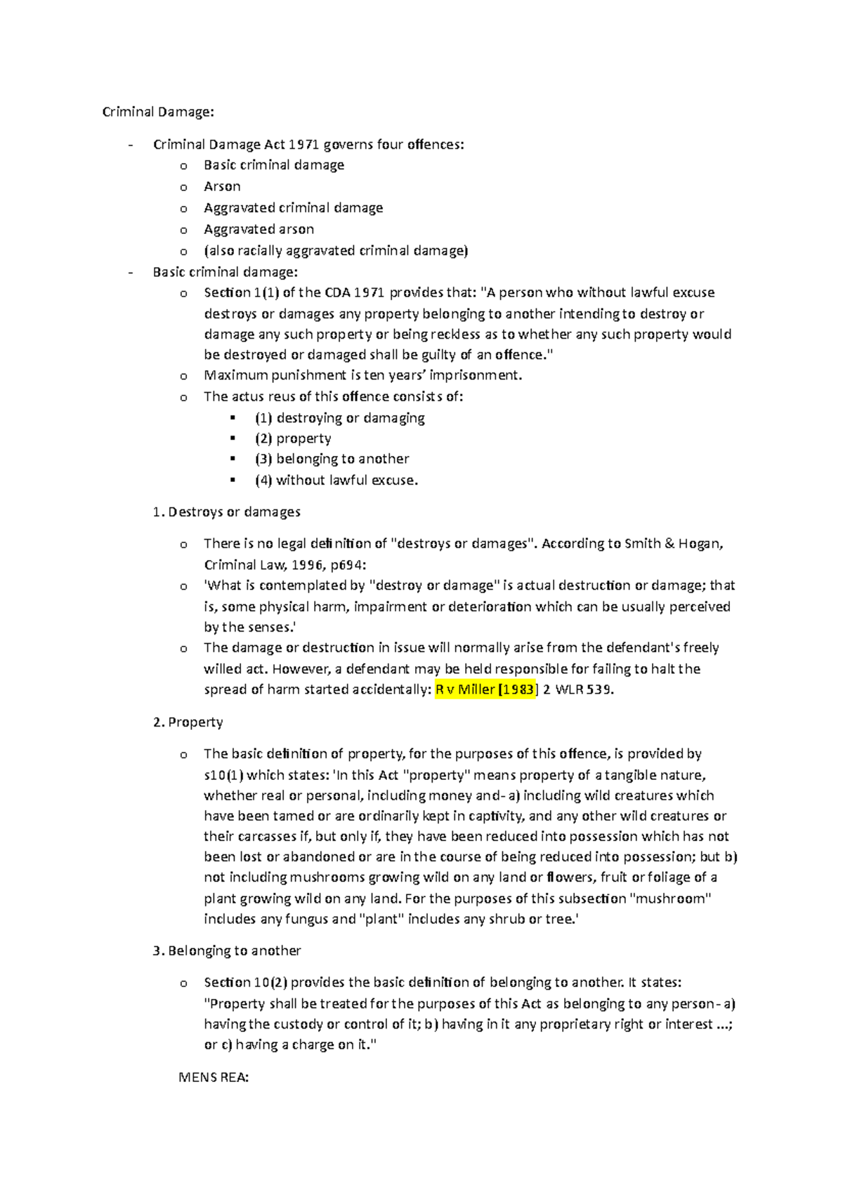 Criminal Damage Lecture Notes - Criminal Damage: Criminal Damage Act ...