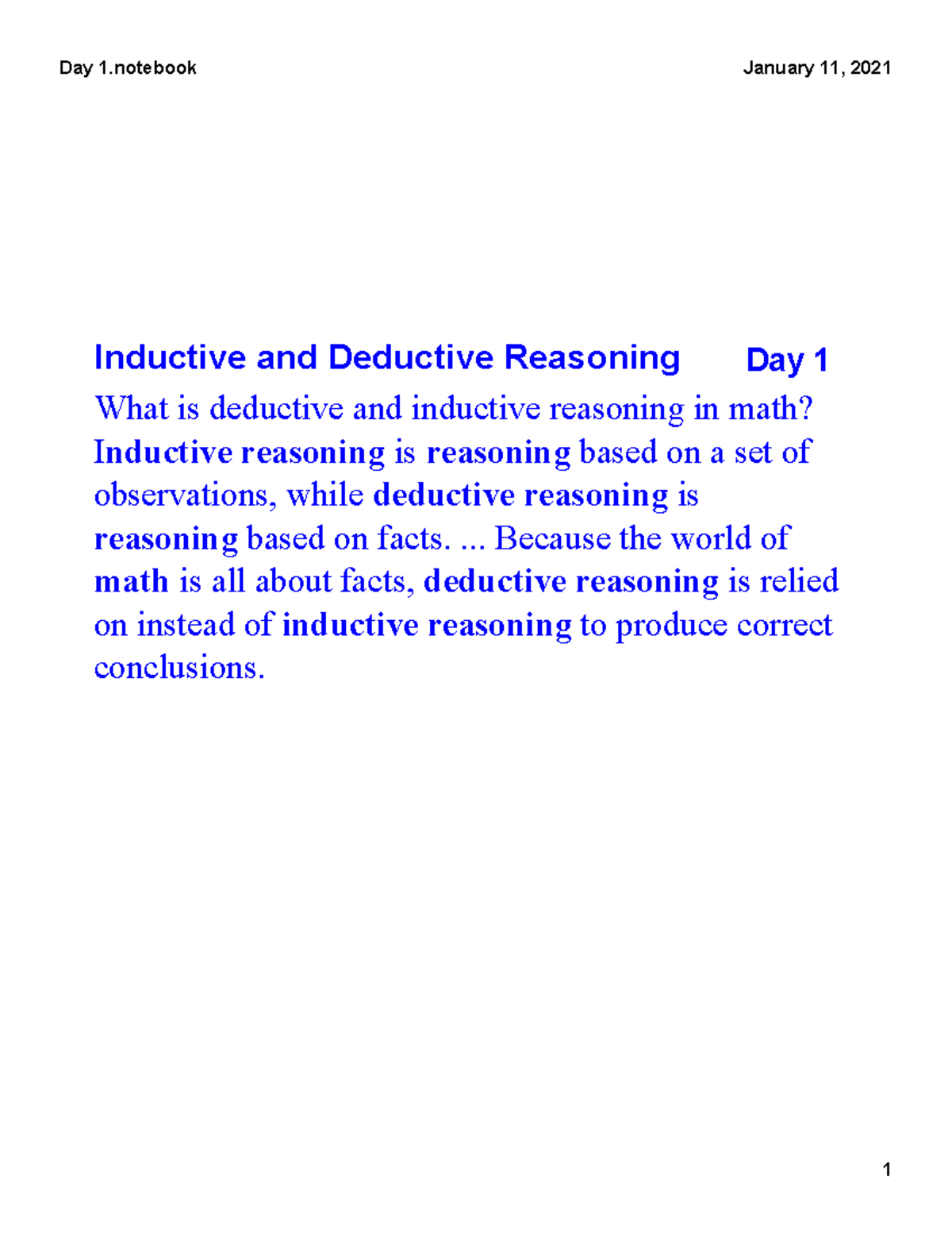 Day 1 Section 1.1 - class work notes - Inductive and Deductive ...