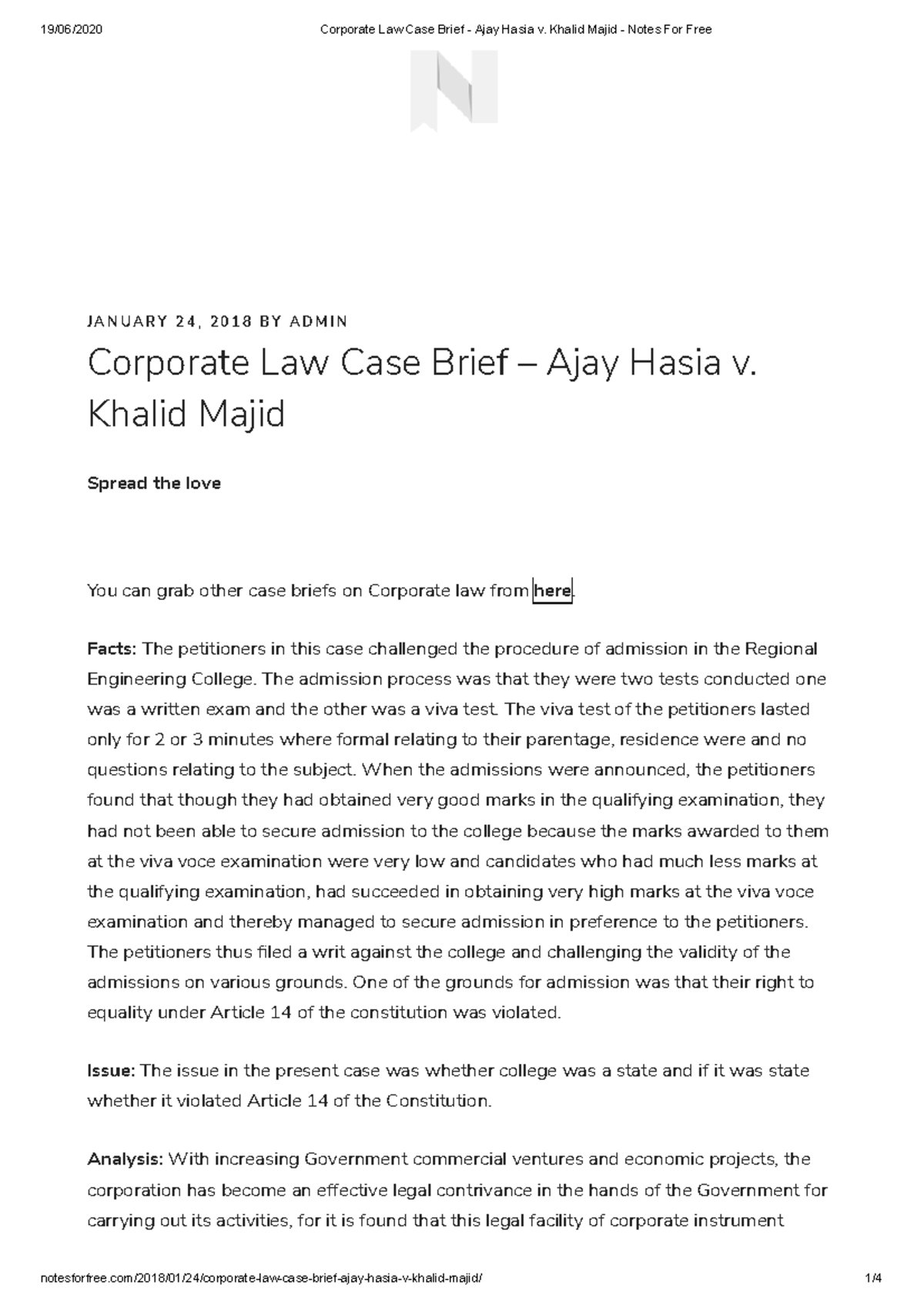 10 Corporate Law Case Brief - Ajay Hasia v. Khalid Majid - Notes For ...