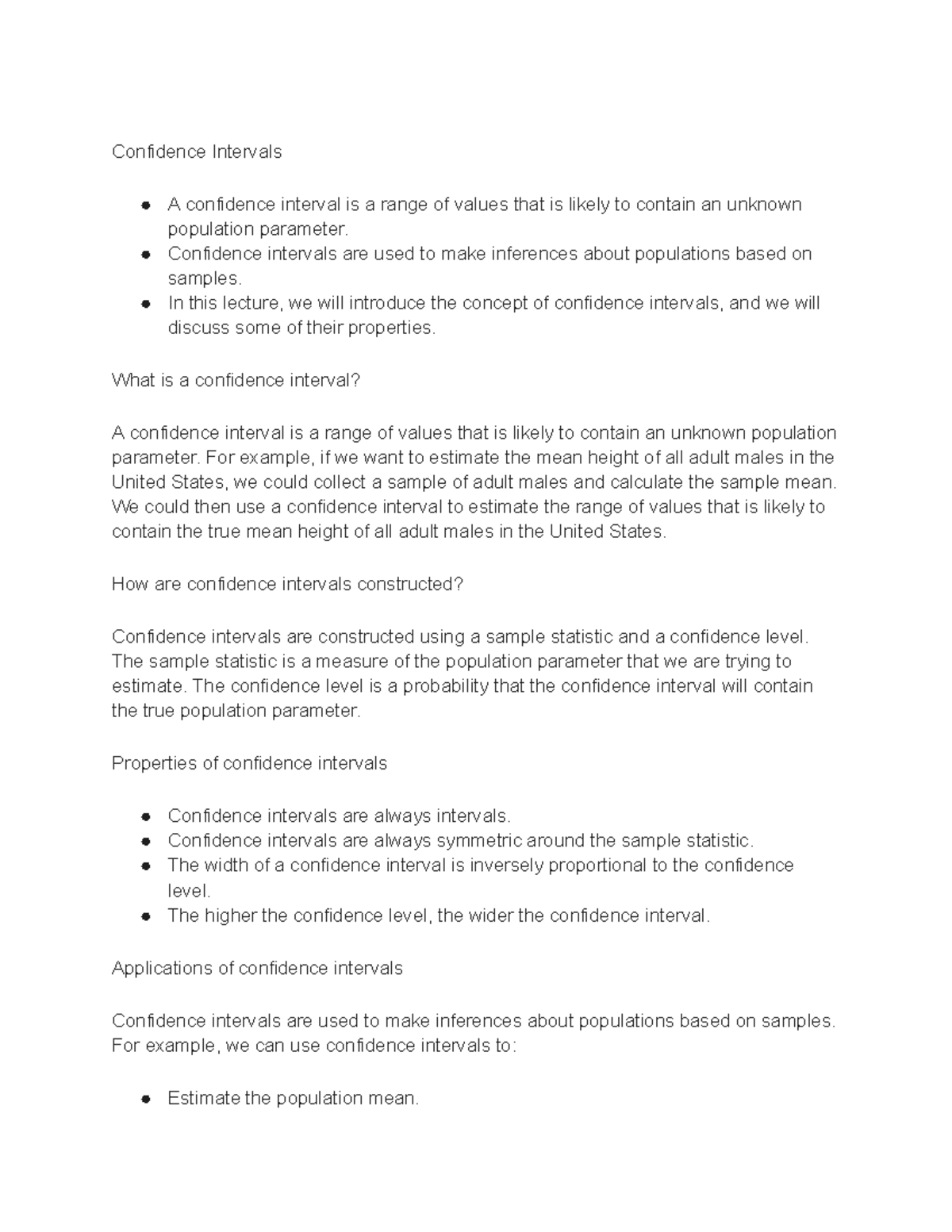 Lecture Note For Stat 351 Lecture 4 Confidence Intervals A