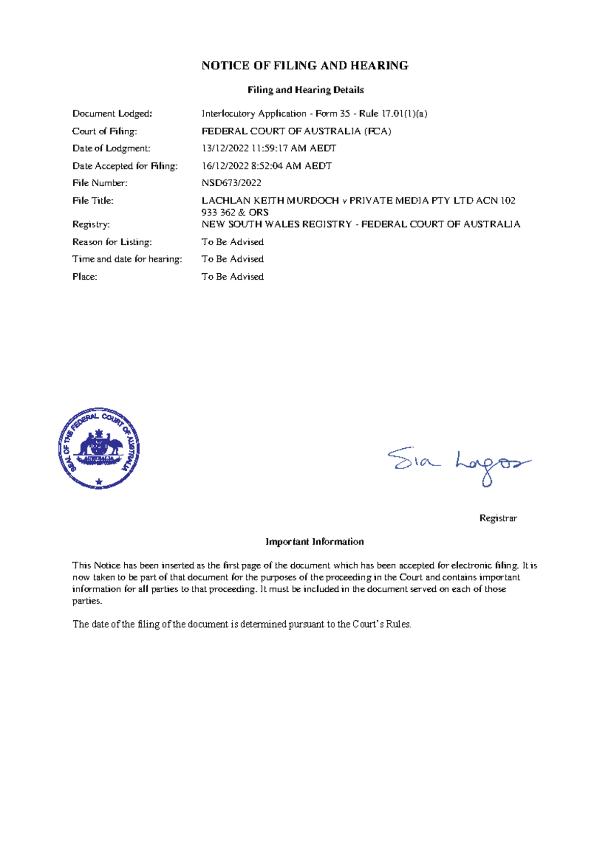 Civil procedure - NOTICE OF FILING AND HEARING Filing and Hearing ...