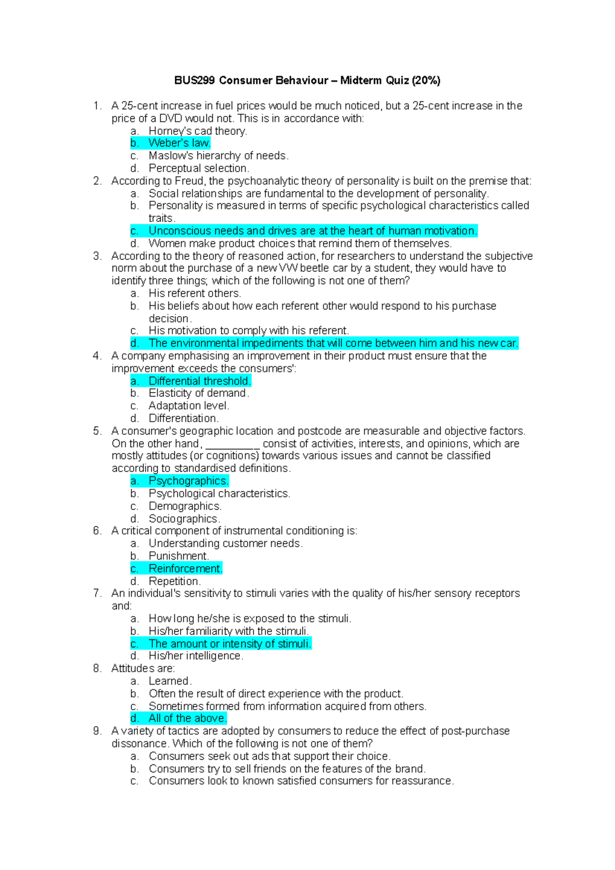BUS299 Midterm Quiz and Answers - BUS299 Consumer Behaviour – Midterm ...