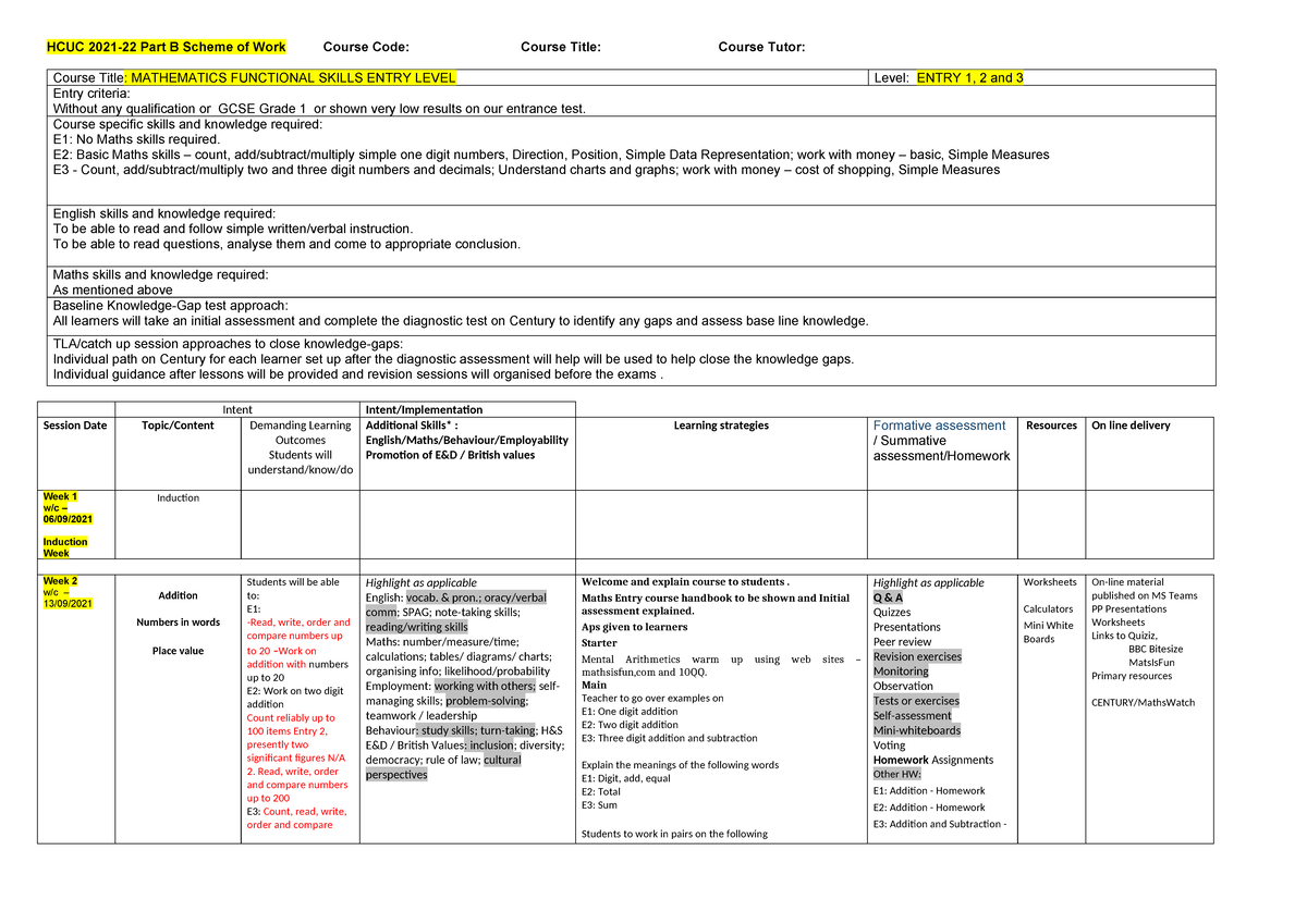 SOW Entry Level Maths SOW 2021-22 - Updated - HCUC 2021-22 Part B ...