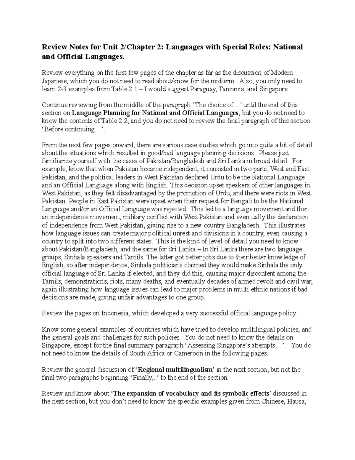 Review notes for Unit 2 2020 - Review Notes for Unit 2/Chapter 2 ...