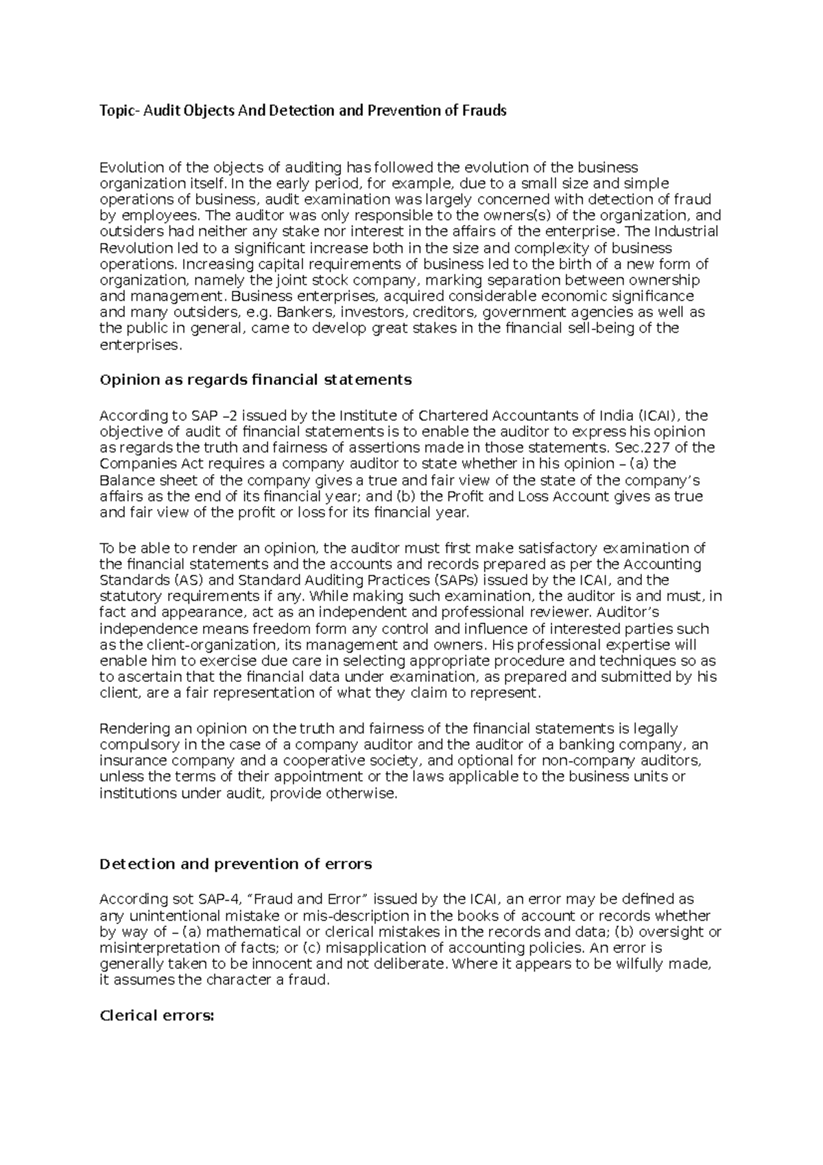 Topic- Audit Objects And Detection and Prevention of Frauds - In the ...