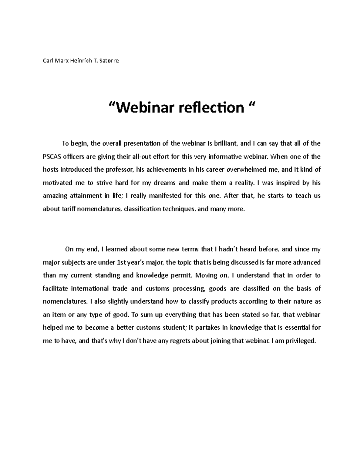 Webinar reflection - Carl Marx Heinrich T. Satorre “Webinar reflection ...