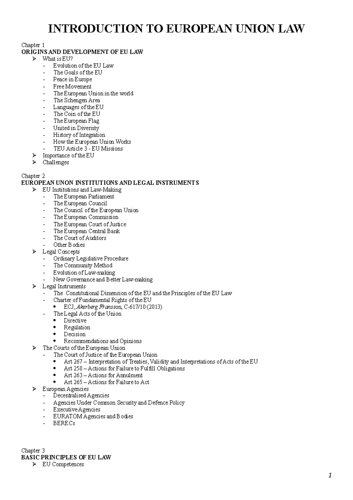 Intro TO EU LAW notes - INTRODUCTION TO EUROPEAN UNION LAW Chapter 1 ...